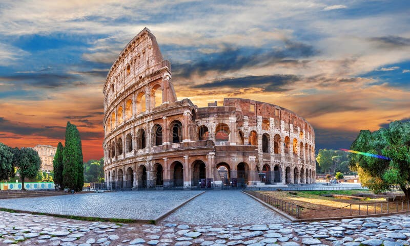 Roman Coliseum at Sunset, Summer View Under the Clouds, Italy Stock ...