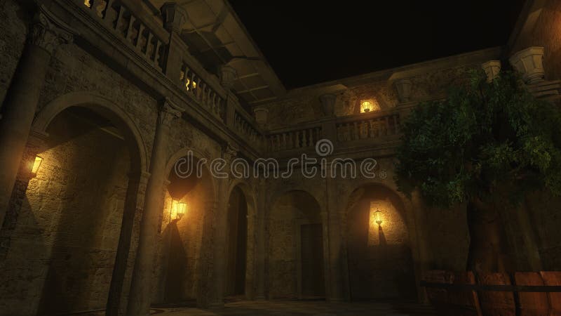 Roman Courtyard at Night stock illustration. Illustration of stone ...