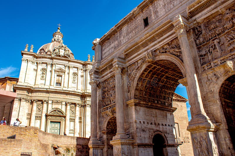 Roman Forum Arch with Dome in Back Sunny Editorial Stock Image - Image ...