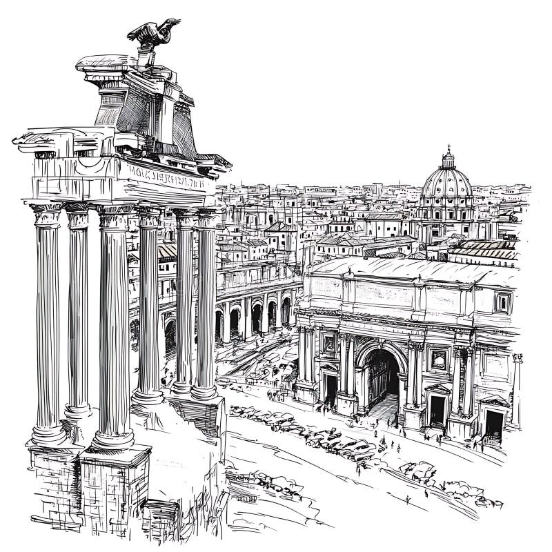 Roman Forum Sketch, Ancient Ruins, Architecture, Cityscape Stock ...