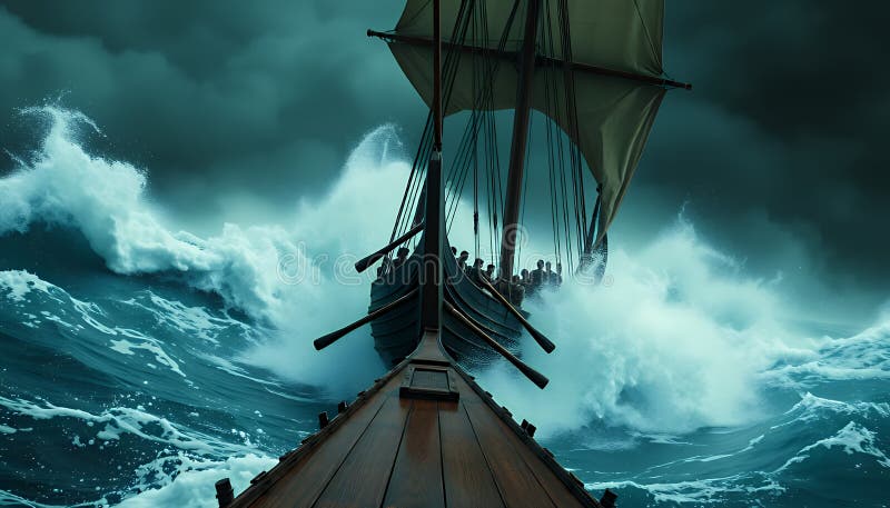 Roman Galleon Battling Tempestuous Waves: Dramatic Low-Angle View Stock ...
