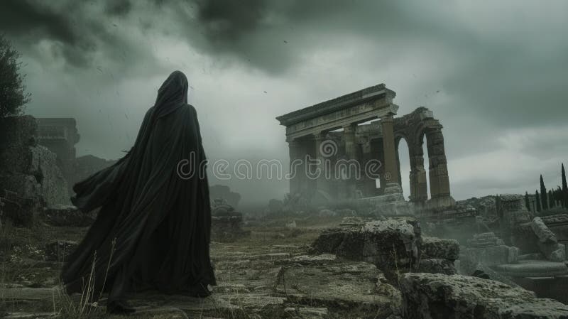 A Roman Ghost Haunting the Ruins of an Ancient Temple Stock ...