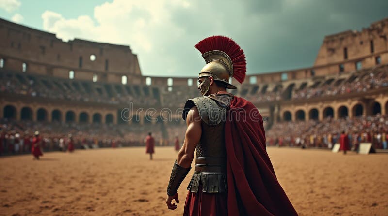 Roman Gladiator Standing Inside Colosseum with Dramatic Lighting and ...