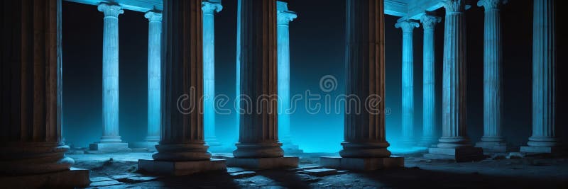 Roman Greek Columns with Blue Lighting on Plain Black Background Banner ...