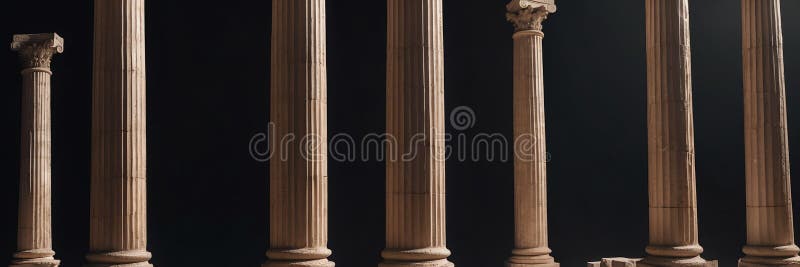 Roman Greek Columns with Brown Lighting on Plain Black Background ...