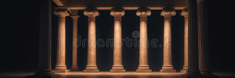Roman Greek Columns with Brown Lighting on Plain Black Background ...