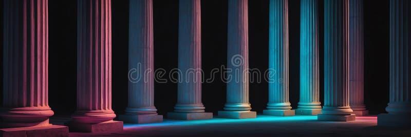 Roman Greek Columns with Colorful Lighting on Plain Black Background ...