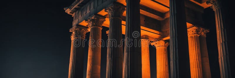 Roman Greek Columns with Orange Lighting on Plain Black Background ...