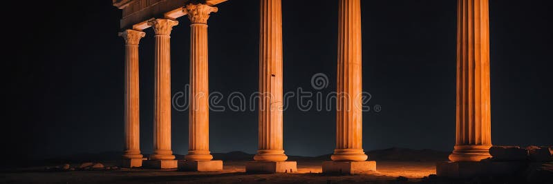 Roman Greek Columns with Orange Lighting on Plain Black Background ...