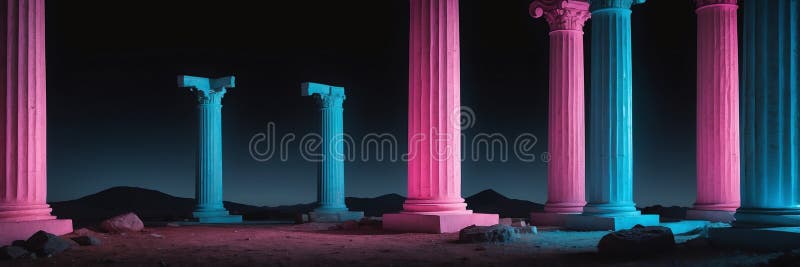 Roman Greek Columns Pink Blue Lighting on Plain Black Background Banner ...