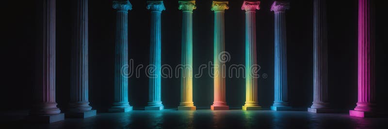 Roman Greek Columns with Teal Lighting on Plain Black Background Banner ...