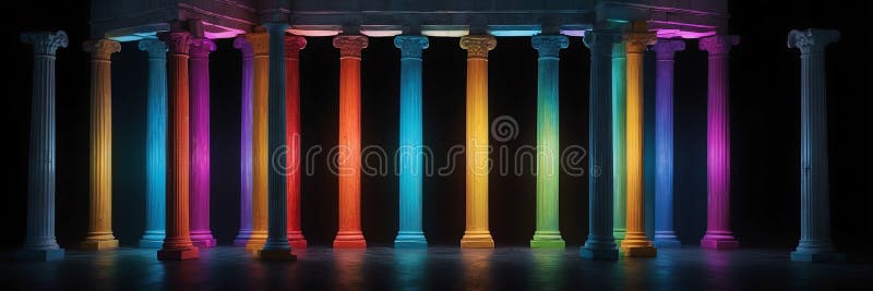 Roman Greek Columns Rainbow Lighting on Plain Black Background Banner ...