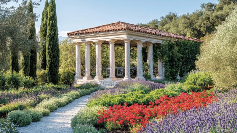 Roman-Inspired Stone Gazebo in a Lush Garden Setting Stock Illustration ...