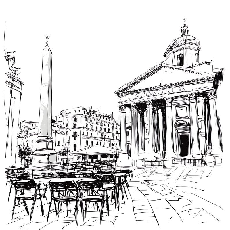 Roman Piazza Sketch, Pantheon, Obelisk, Cafe Tables Stock Illustration ...