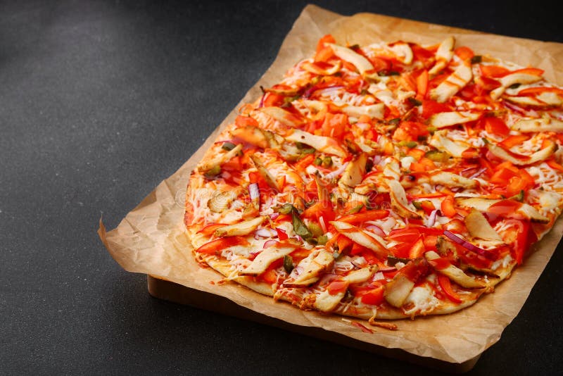 Roman Pizza with Chicken Vegetables and Bbq Sauce on Dark Concrete ...