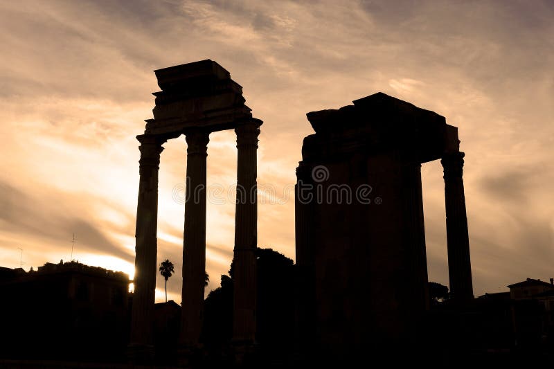 Roman Ruins and Backlite Columns at Sunset in the Roman Forum in Rome ...