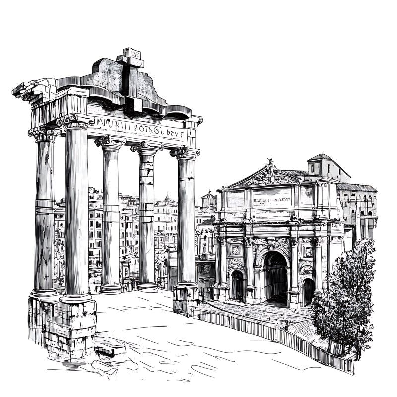 Roman Ruins Sketch, Arch, Columns, Architecture, Cityscape Stock ...
