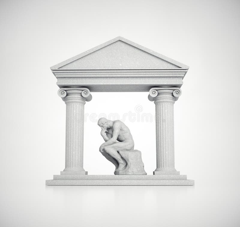 Roman Structure with the Statue of a Thinker on White Background Stock ...