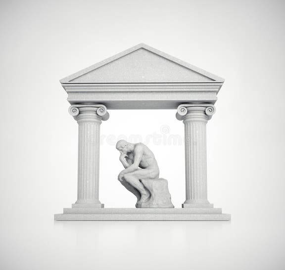 Roman Structure with the Statue of a Thinker on White Background Stock ...