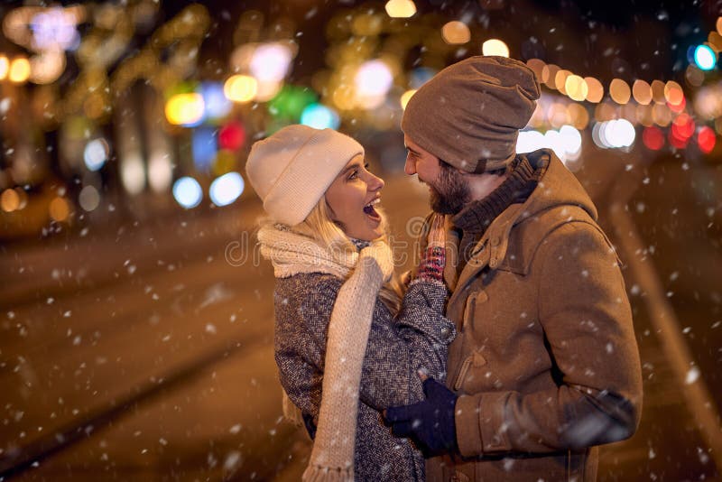 Romance - Couple in Night Winter Street Stock Photo - Image of december ...