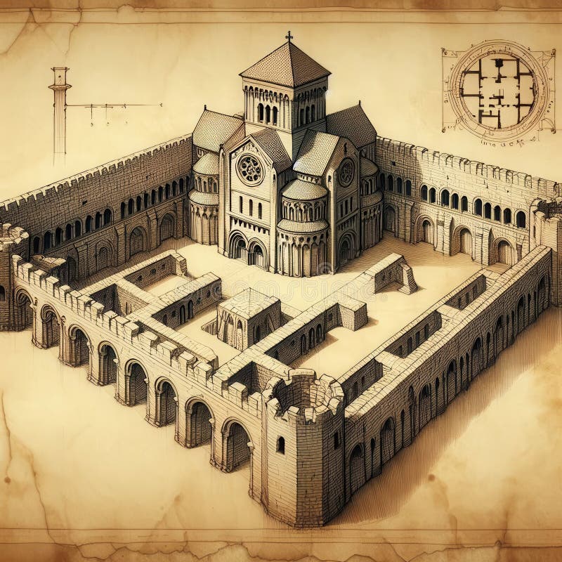 Romanesque Abbey with Central Tower and Arches Stock Illustration ...