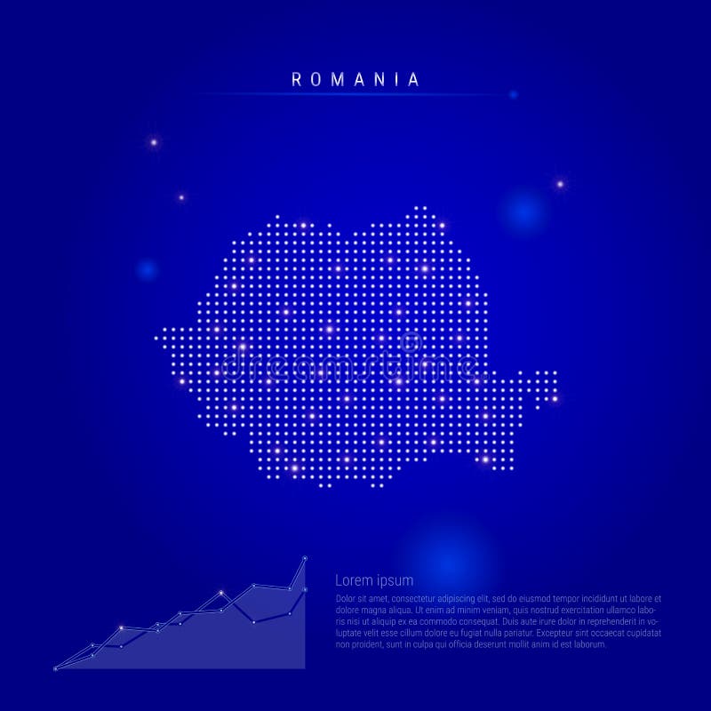 Romania Illuminated Map with Glowing Dots. Dark Blue Space Background ...