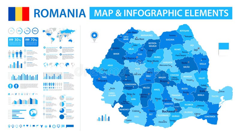 Romania Infographic Map with Data Visualization Elements - Vector Map of Romania Stock Vector ...
