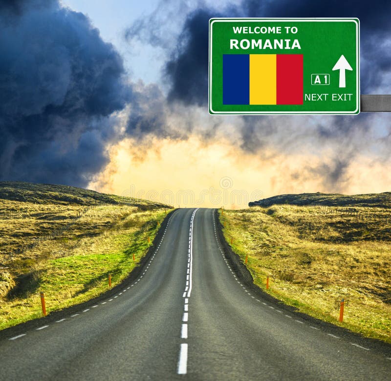 Romania Road Sign Against Clear Blue Sky Stock Photo - Image of ...