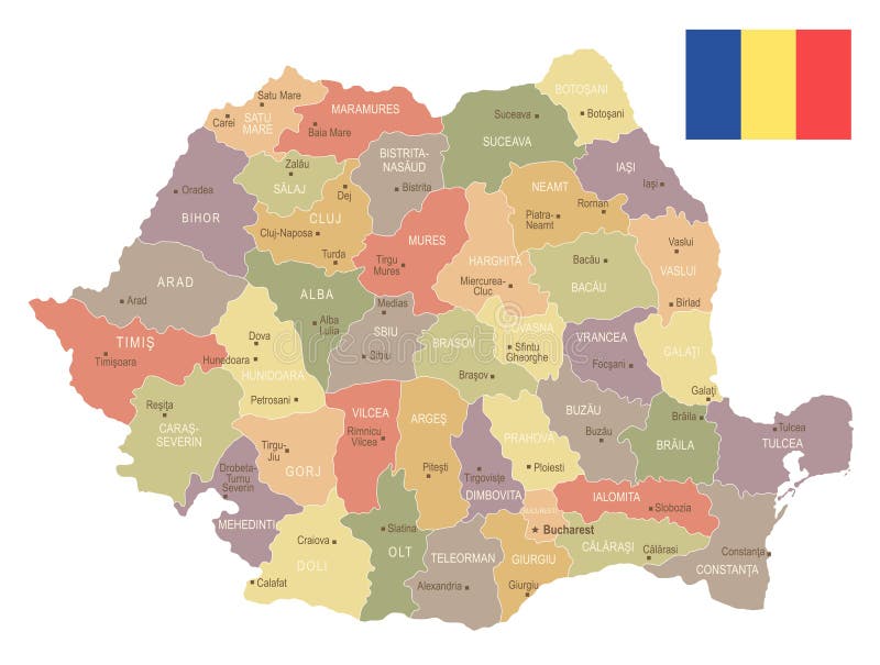 Romania - Vintage Map and Flag - Detailed Vector Illustration Stock ...