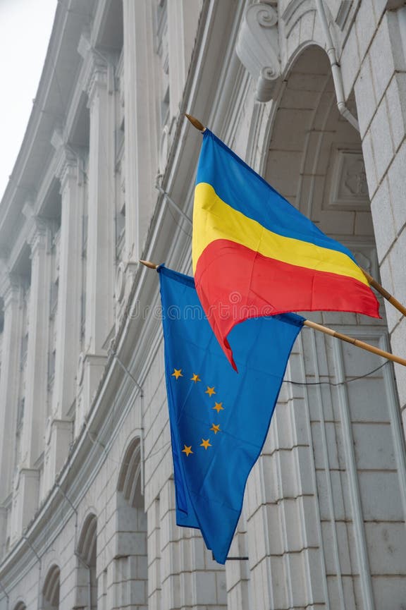 Romanian and EU Flags in Bucharest Stock Image - Image of street ...