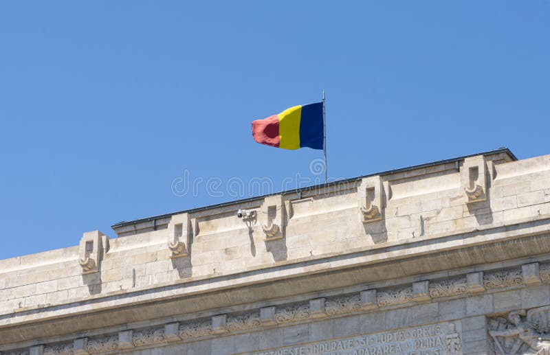 The Romanian Flag on the the Arch of Triumph in Bucharest, Romania ...
