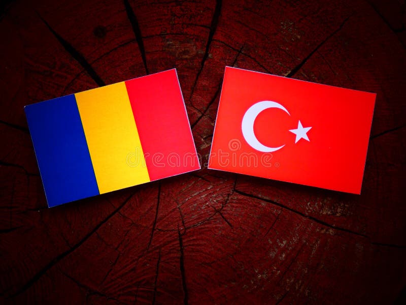Romanian Flag with Turkish Flag on a Tree Stump Isolated Stock ...