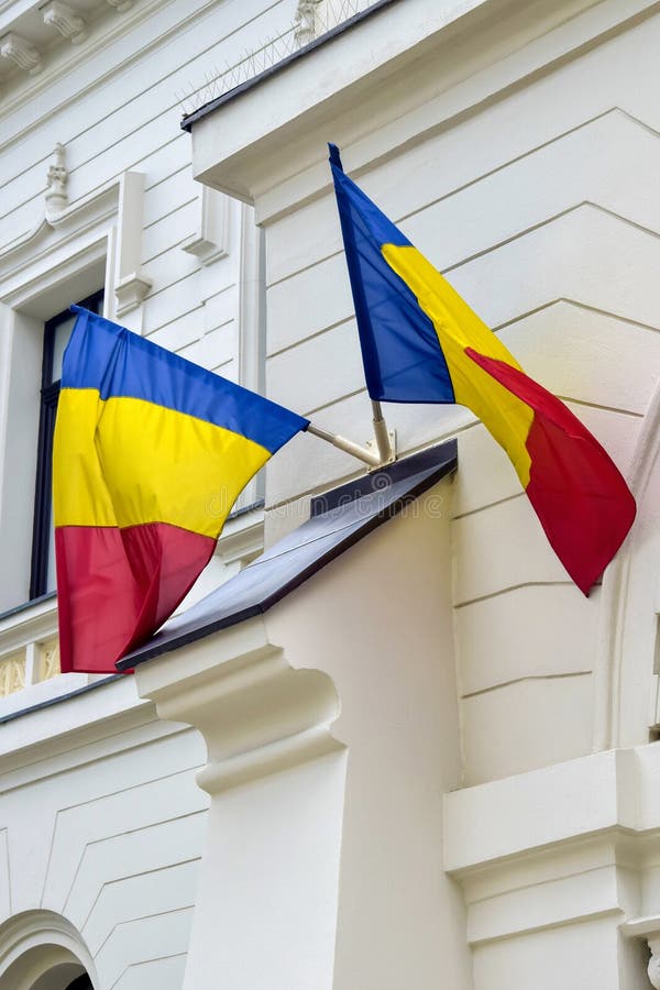 Romanian Flags are Fixed on Facade of an Old Building. Copy Space Stock ...