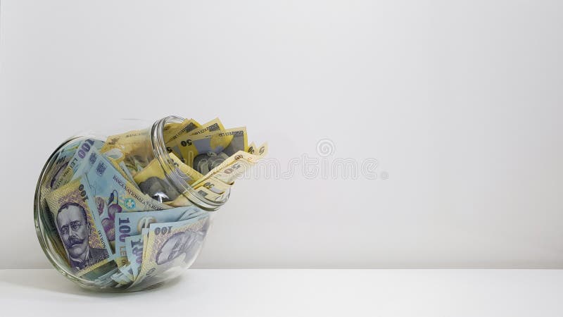 Romanian Lei Bank Note Glass Jar Stock Photo - Image of exchange ...