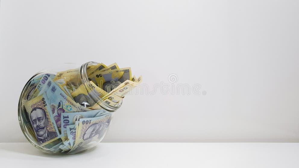 Romanian RON Bank Note Jar stock photo. Image of bill - 170550702