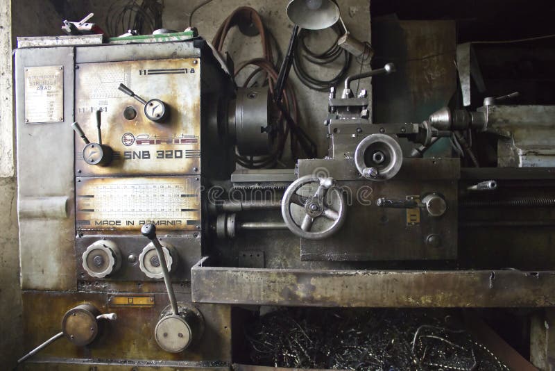 Old Rusty Lathe Driven by Belt Transmission in the Mechanical Workshop on Skansen Open-Air ...