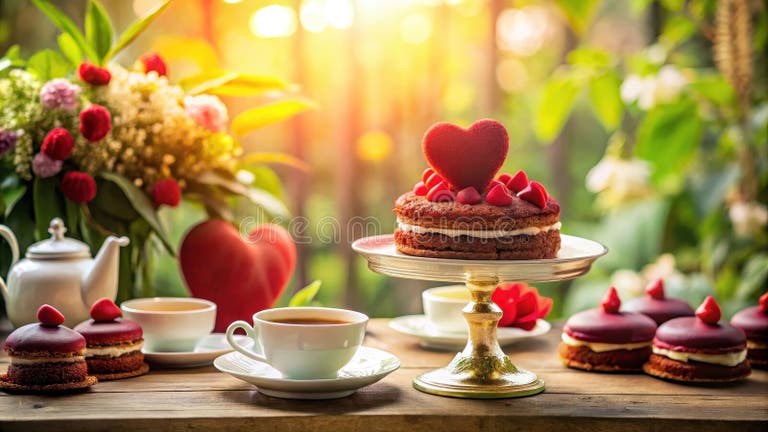 Romantic Afternoon Tea with Red Velvet Cake and Macarons. Generative AI ...