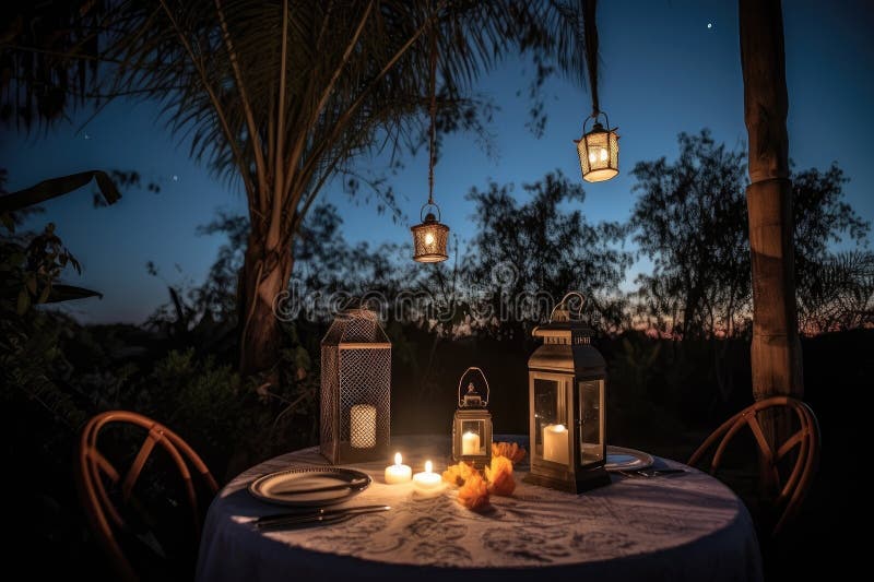 A Romantic Al Fresco Dinner for Two, with Moonlight and Lanterns Stock ...