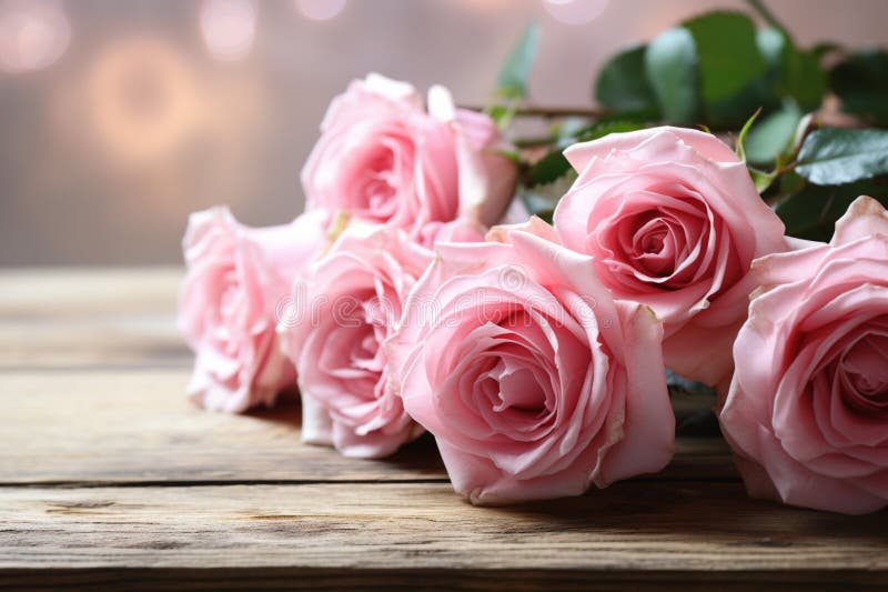 Romantic Allure Pink Roses on Rustic Board, Vintage Festivity Stock ...