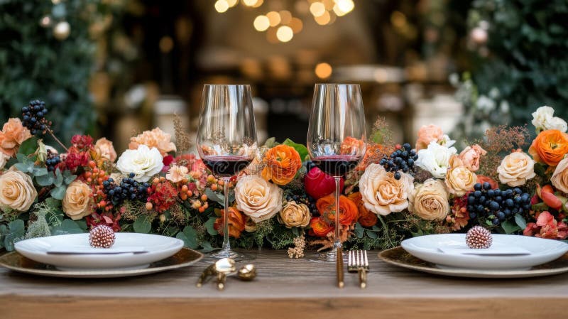 Romantic Autumn Wedding Table Setting with Floral Centerpiece Stock ...