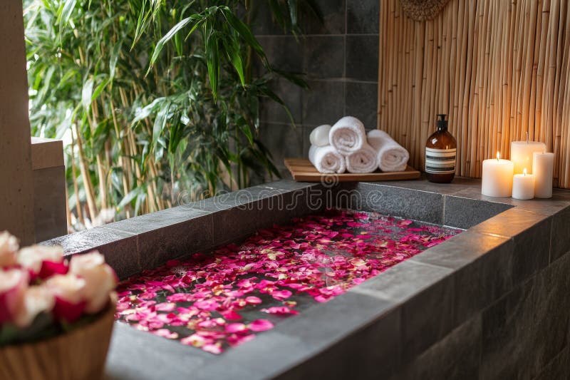 Romantic Bath with Rose Petals Relaxing in Modern Bathroom Stock Photo ...