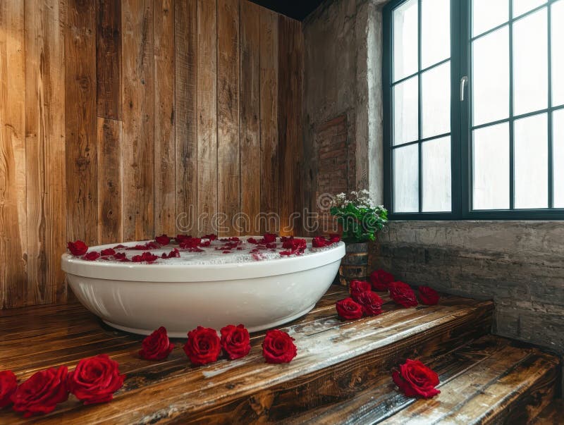 Romantic Bath with Roses in a Rustic Bathroom. Stock Illustration ...