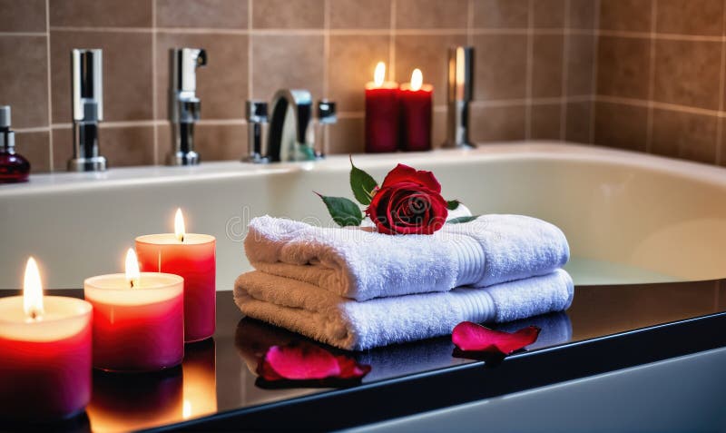 A Romantic Bath Setting with Candles, Towels, and a Rose Stock Photo - Image of comfortable ...