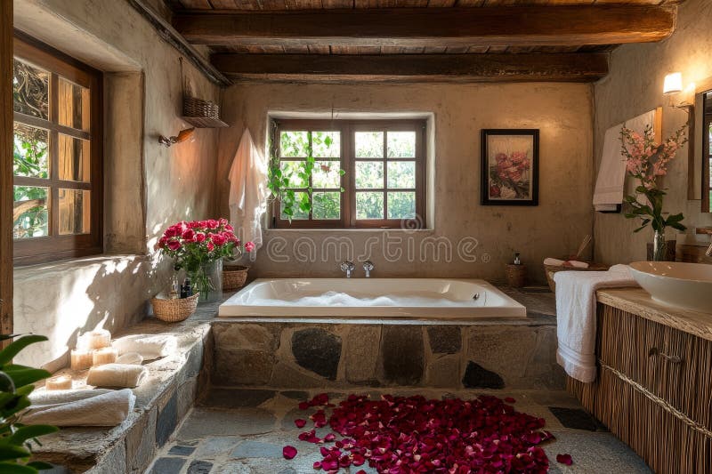 Romantic Bathroom Interior with Sun Shining through Windows Stock Image ...