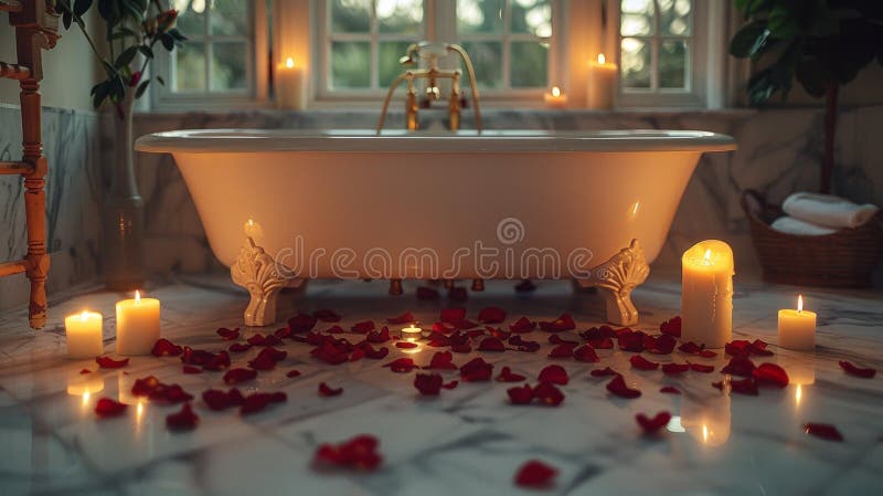 Romantic Bathtub with Rose Petals and Candles - Generative Ai Stock ...
