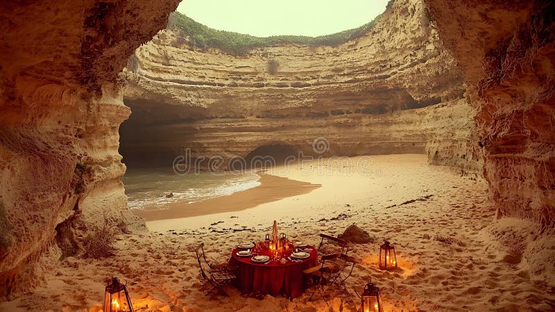 Romantic Beach Cave Dinner Setting Coastal Cave Sandy Beach Ocean View ...