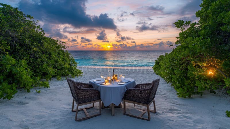 Romantic Beach Dining: Sunset Dinner for Two by the Ocean Stock ...