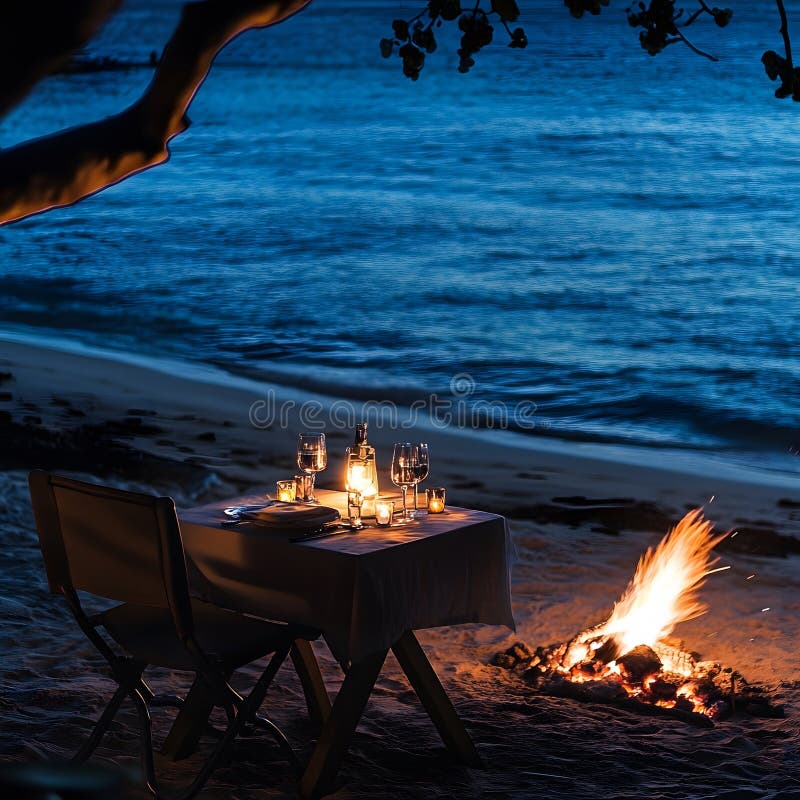 Romantic Beach Dinner Bonfire Stock Illustrations – 12 Romantic Beach ...