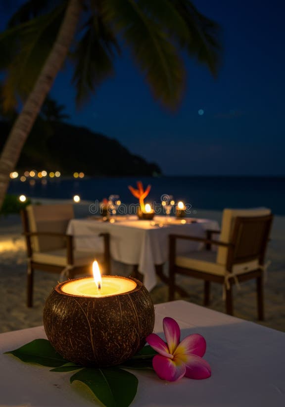 Romantic Beach Dinner at Night with Candlelight Stock Photo - Image of ...