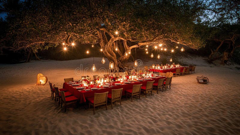 Romantic Beach Dinner Party Under Tree Lights Stock Image - Image of ...